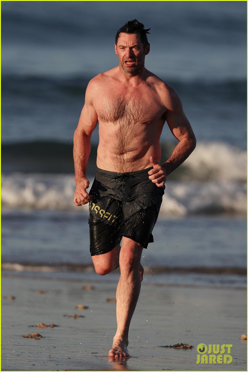 Hugh Jackman Runs Shirtless on the Beach with His Ripped Muscles on ...