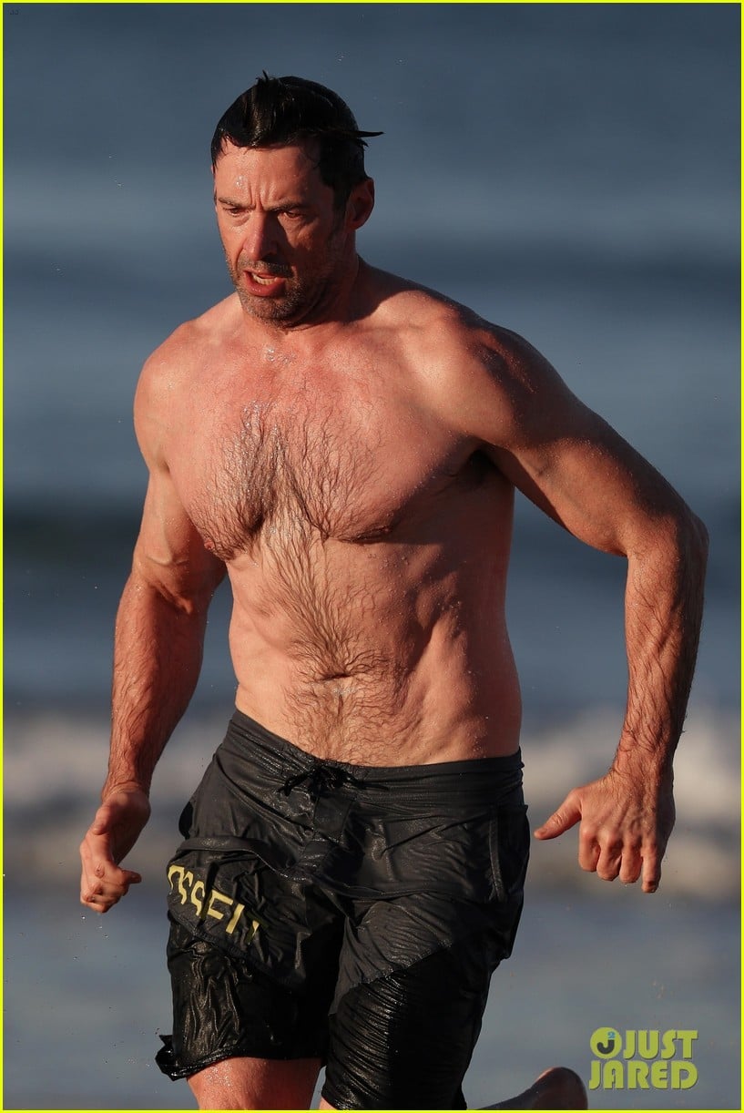 Hugh Jackman Runs Shirtless on the Beach with His Ripped Muscles on ...