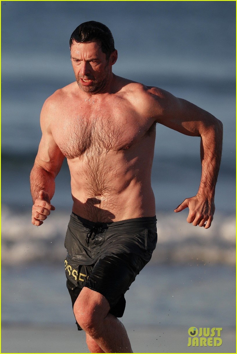 Hugh Jackman Runs Shirtless on the Beach with His Ripped Muscles on ...