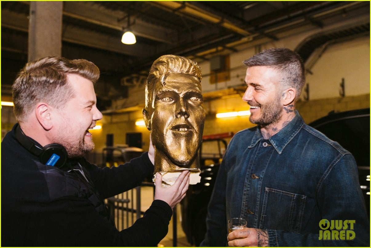 James Corden Pranks David Beckham With Hideous Statue of Himself ...