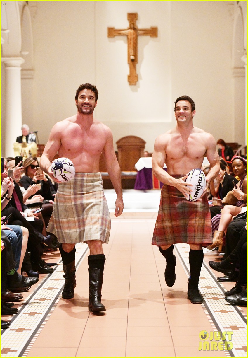 Thom Evans & Brother Max Evans Go Shirtless in Kilts for Fashion Show ...