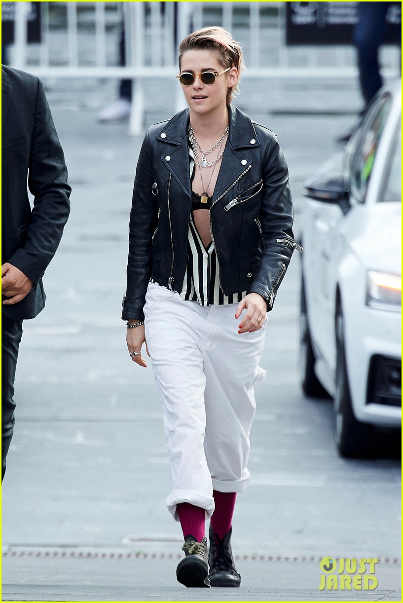 Kristen Stewart Pairs Lacy Bra With Striped Top at 'Seberg' San ...