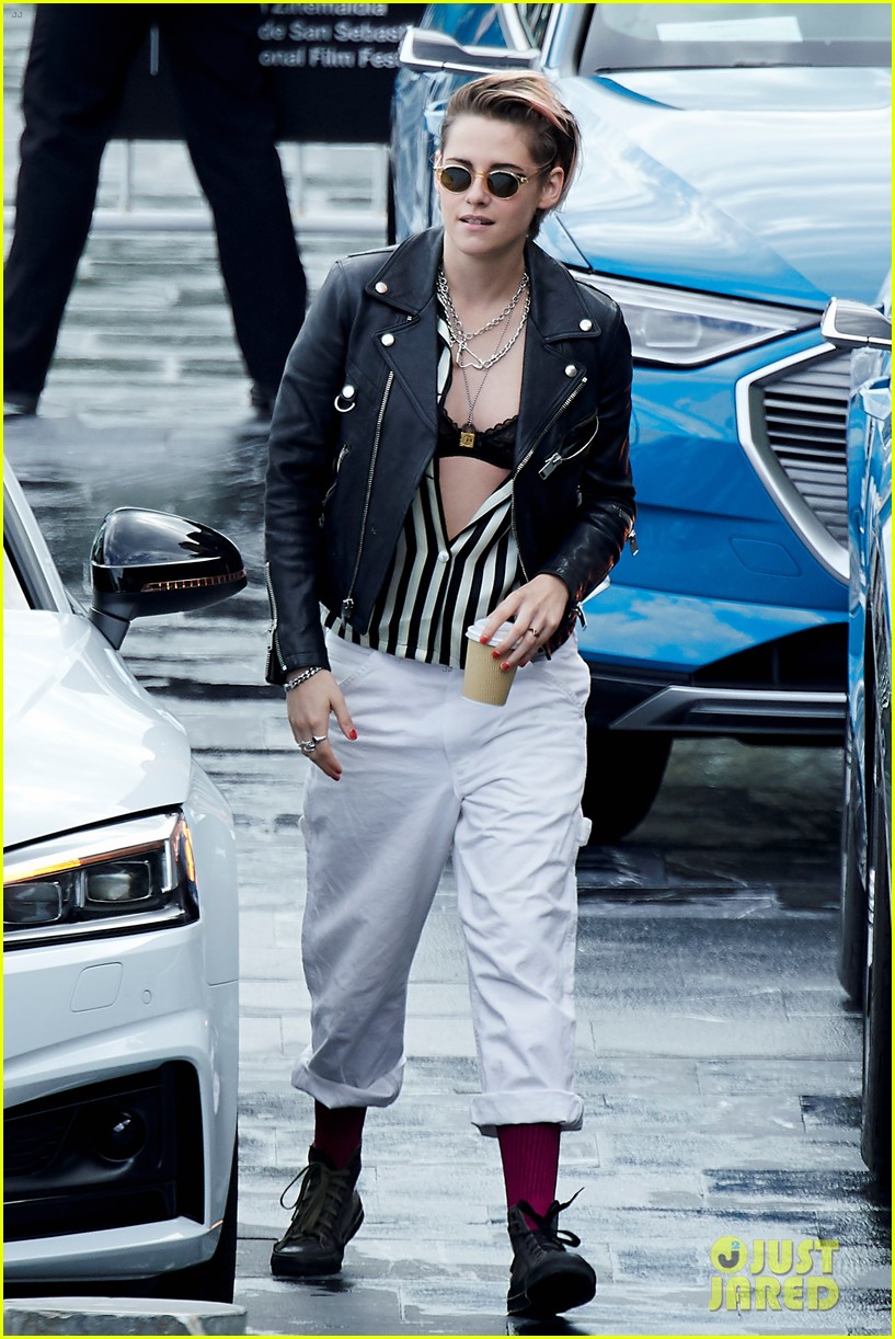 Kristen Stewart Pairs Lacy Bra With Striped Top at 'Seberg' San ...