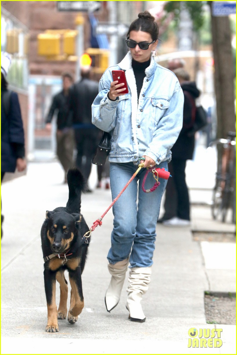 Emily Ratajkowski Dons Double Denim & White Boots While Walking Her Dog ...