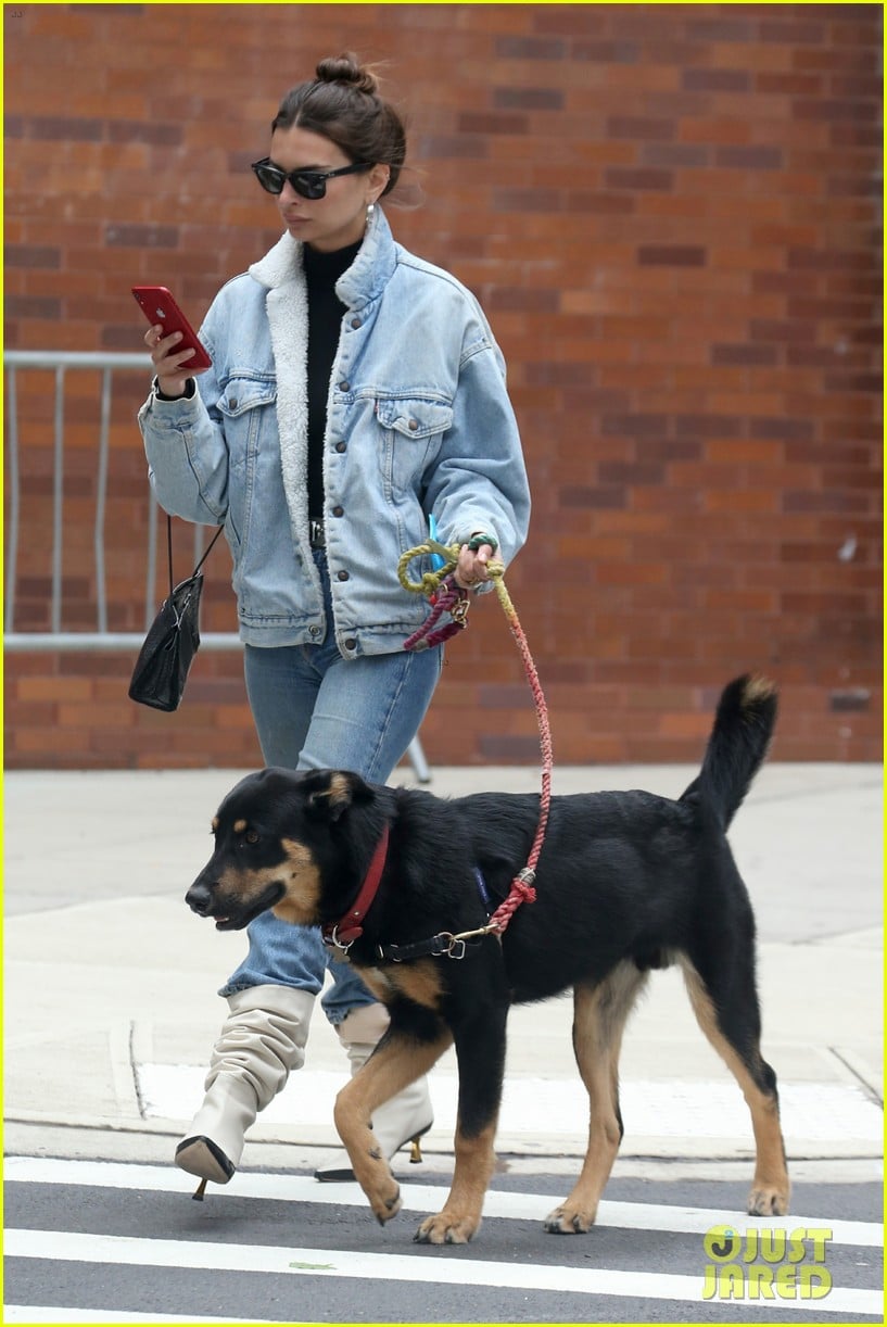 Emily Ratajkowski Dons Double Denim & White Boots While Walking Her Dog ...