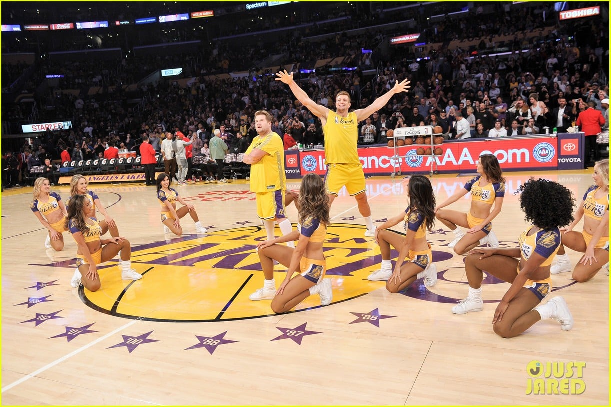 James Corden & Rob Gronkowski Hilariously Dance with Laker Girls at NBA ...