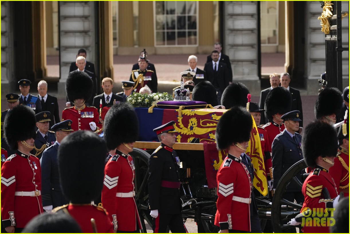 Prince William & Prince Harry Walk Side-By-Side During Procession of Queen Elizabeth's Coffin ...