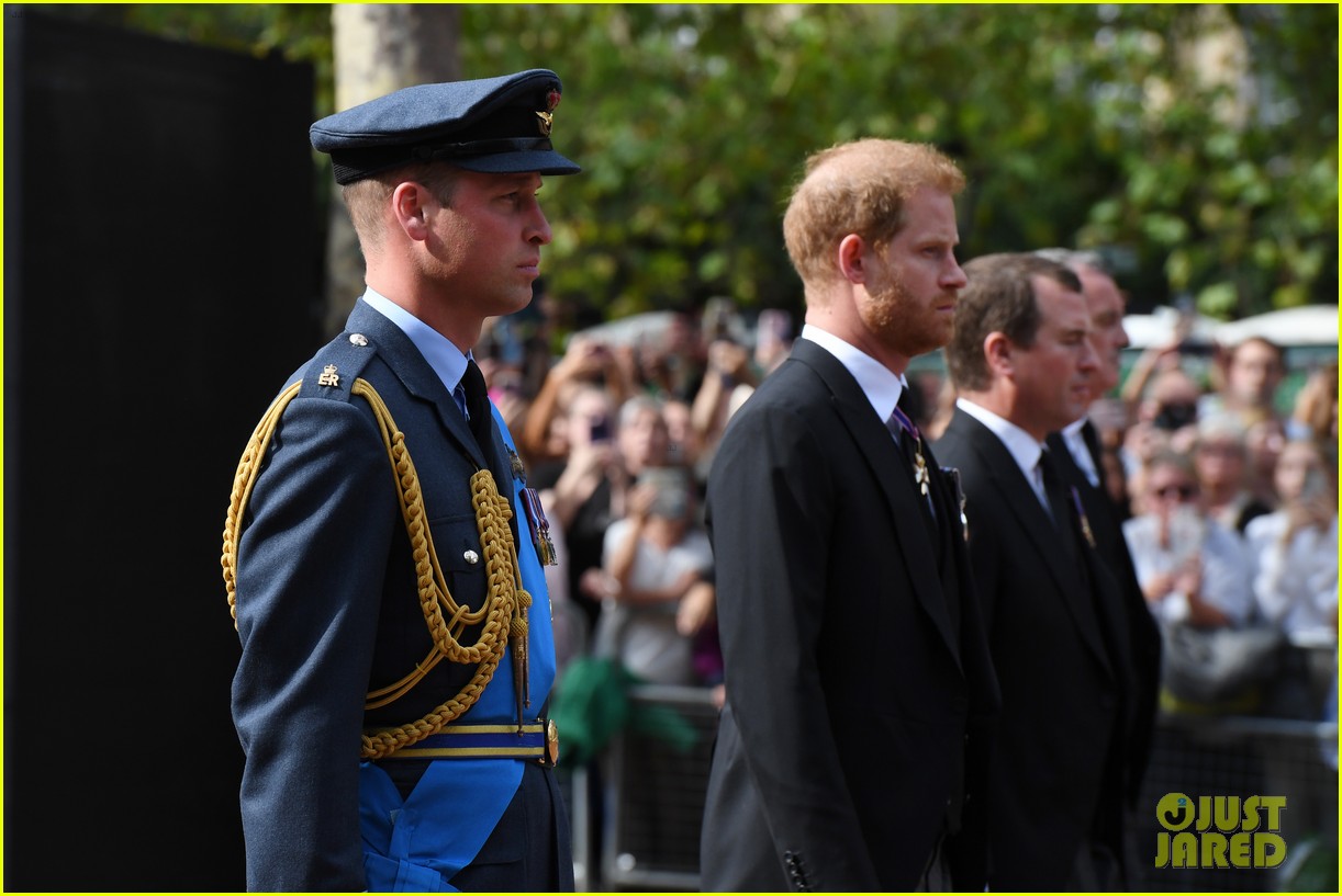Prince William & Prince Harry Walk Side-By-Side During Procession of Queen Elizabeth's Coffin ...