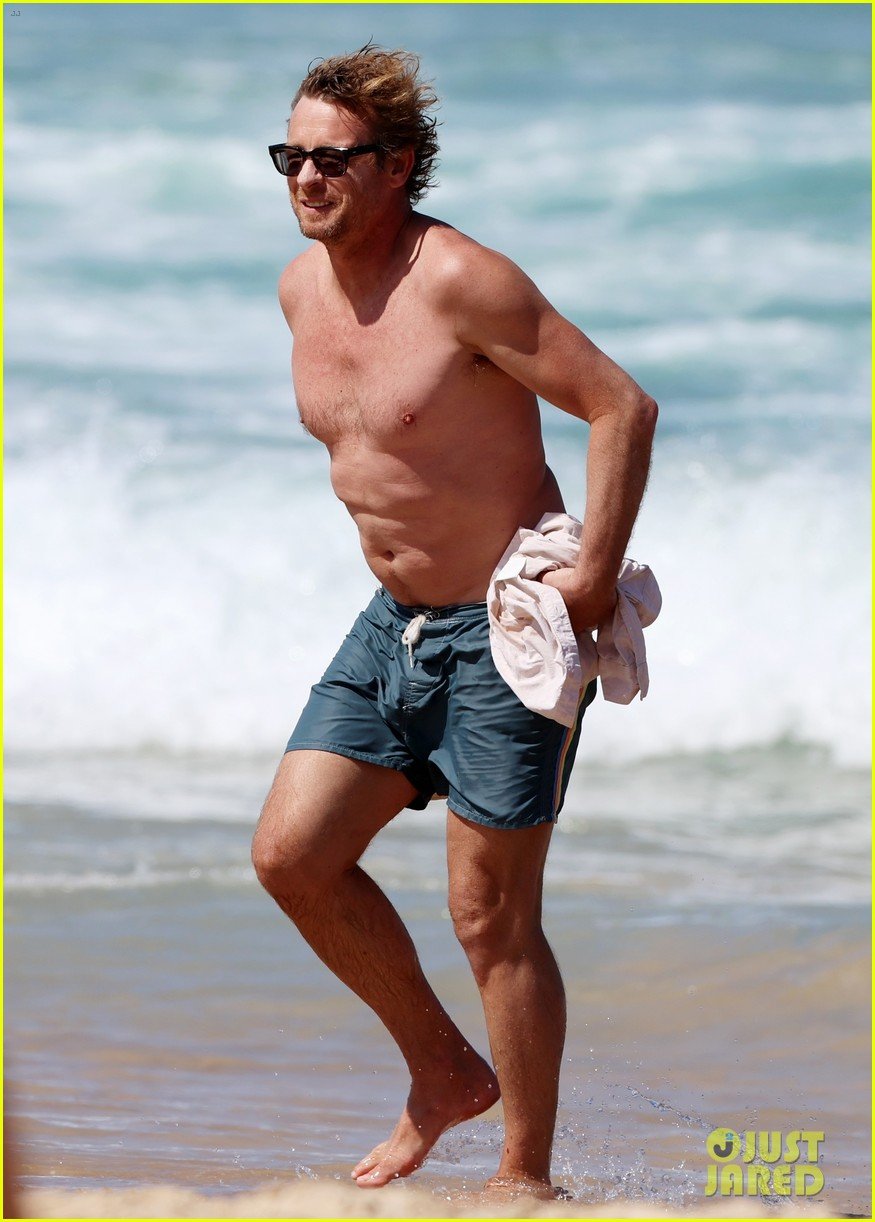 Simon Baker Hits the Beach for Shirtless Beach Day with Son Claude ...