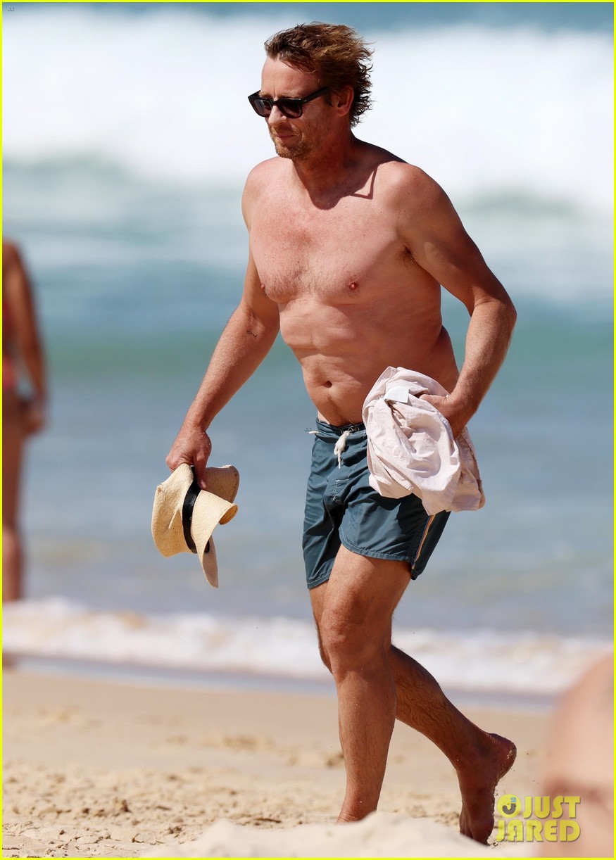 Simon Baker Hits the Beach for Shirtless Beach Day with Son Claude ...