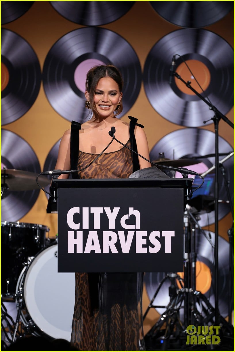 Chrissy Teigen Rocks Animal-Print Dress for City Harvest Gala 2024 with ...