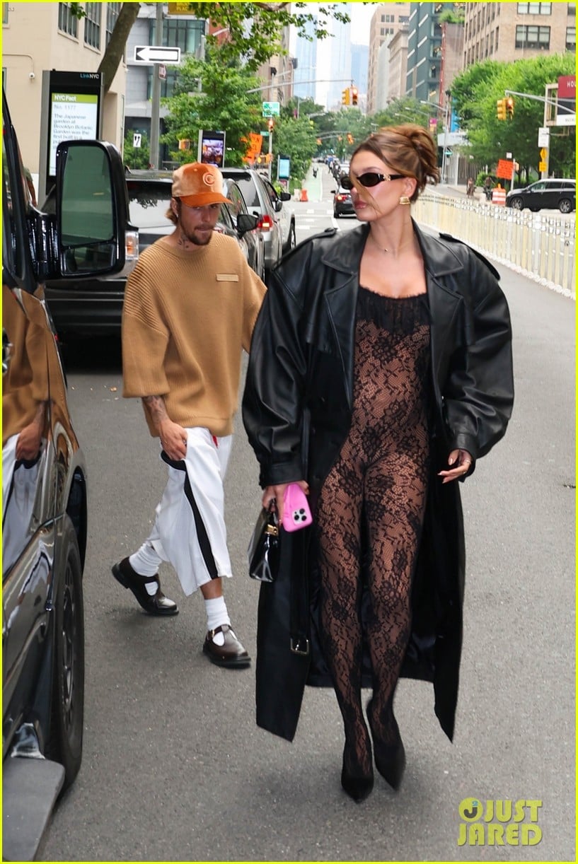 Pregnant Hailey Bieber Rocks Totally Sheer Lace Look During Outing With ...