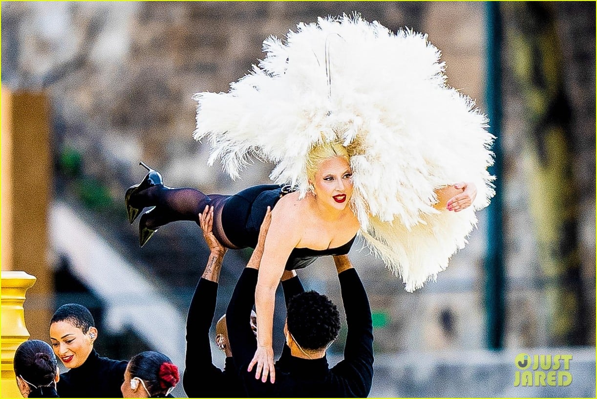 Lady Gaga Wears Black Outfit & Feather Headpiece While Rehearsing for ...