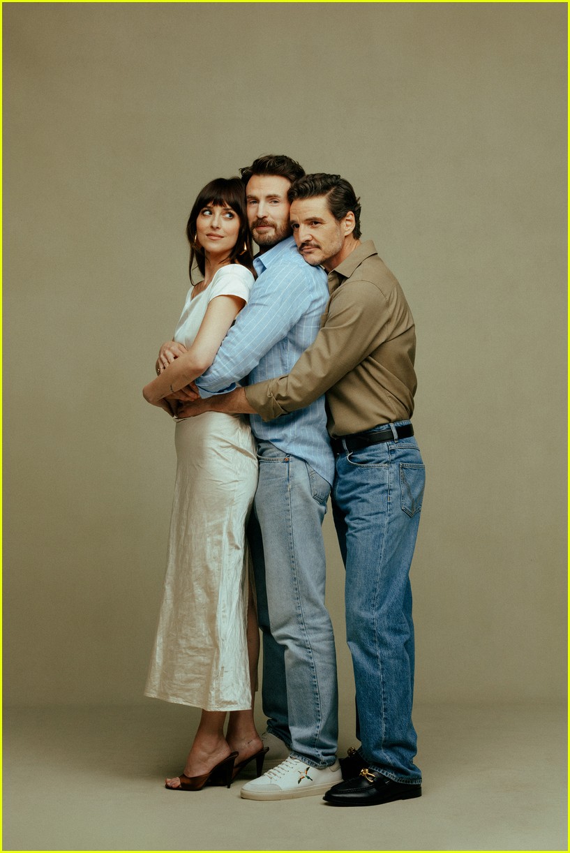 'Materialists' Stars Dakota Johnson, Chris Evans, & Pedro Pascal Cozy Up for Adorable Portrait ...