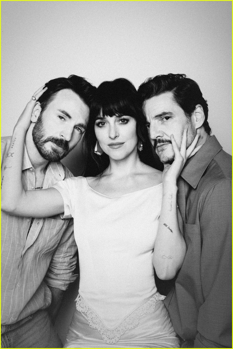'Materialists' Stars Dakota Johnson, Chris Evans, & Pedro Pascal Cozy Up for Adorable Portrait ...