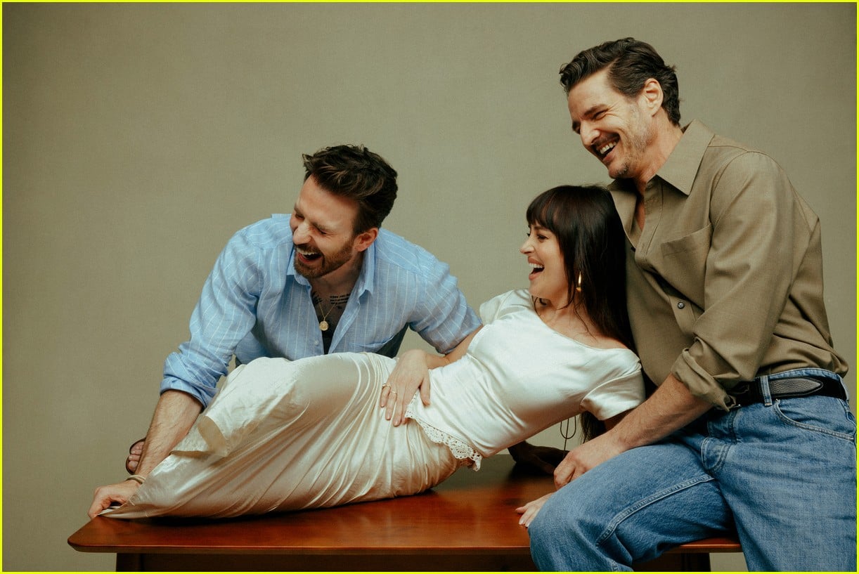 'Materialists' Stars Dakota Johnson, Chris Evans, & Pedro Pascal Cozy Up for Adorable Portrait ...
