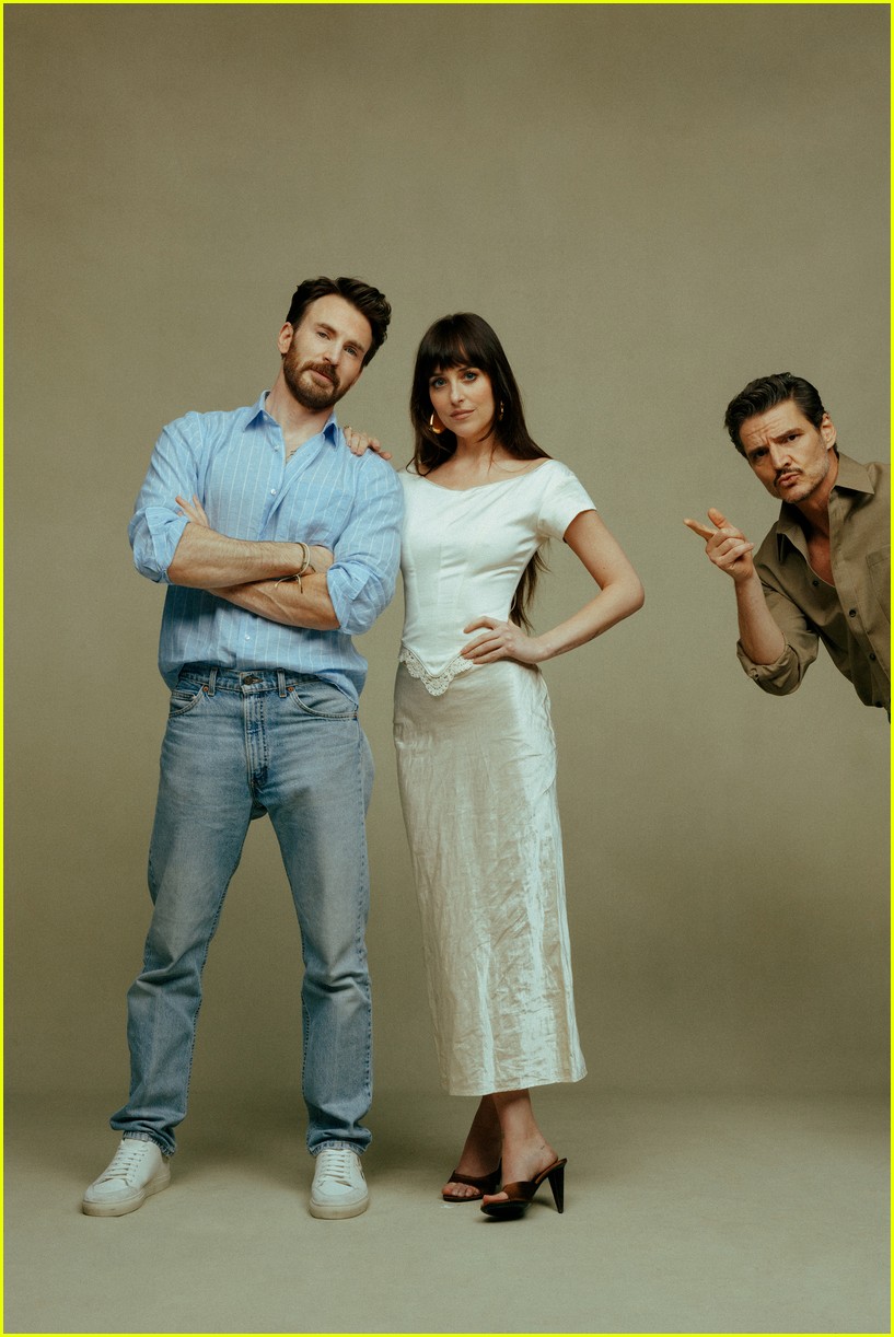 'Materialists' Stars Dakota Johnson, Chris Evans, & Pedro Pascal Cozy Up for Adorable Portrait ...