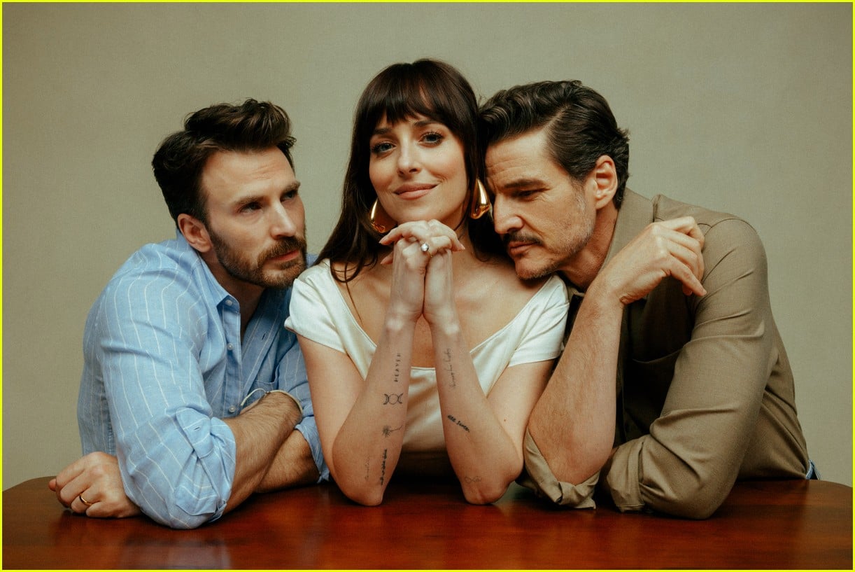 'Materialists' Stars Dakota Johnson, Chris Evans, & Pedro Pascal Cozy Up for Adorable Portrait ...