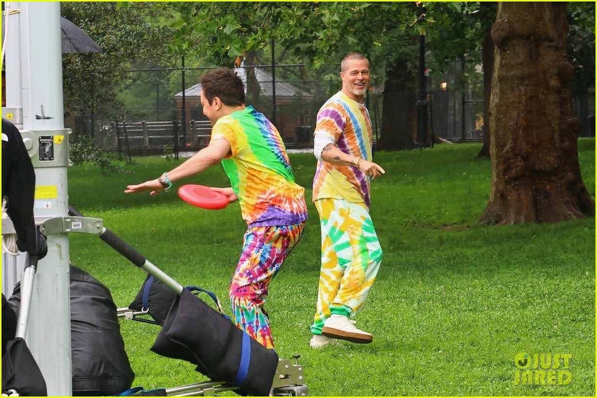 Brad Pitt & Jimmy Fallon Wear Rainbow Tie-Dye Outfits as They Film 'The ...