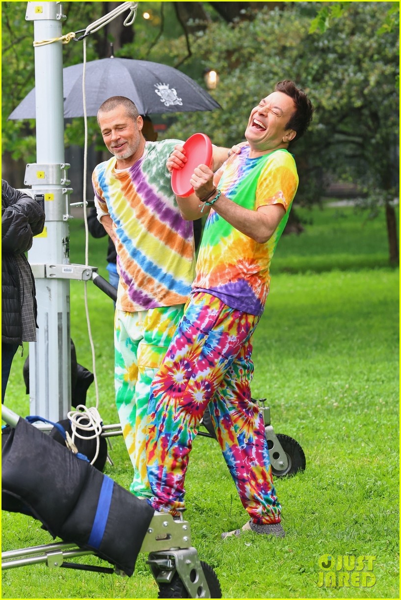 Brad Pitt & Jimmy Fallon Wear Rainbow Tie-Dye Outfits as They Film 'The ...