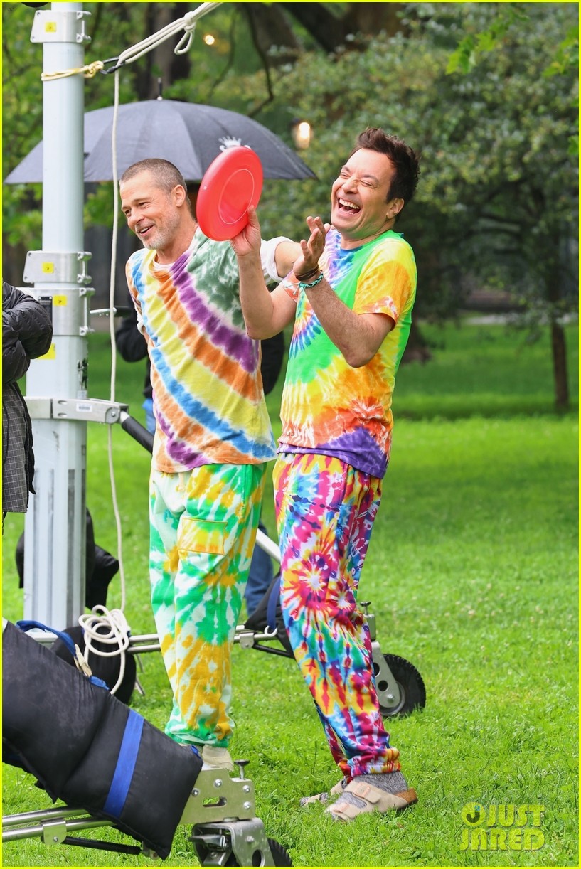 Brad Pitt & Jimmy Fallon Wear Rainbow Tie-Dye Outfits as They Film 'The ...