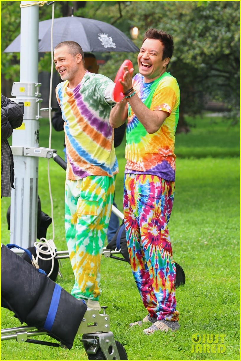 Brad Pitt & Jimmy Fallon Wear Rainbow Tie-Dye Outfits as They Film 'The ...