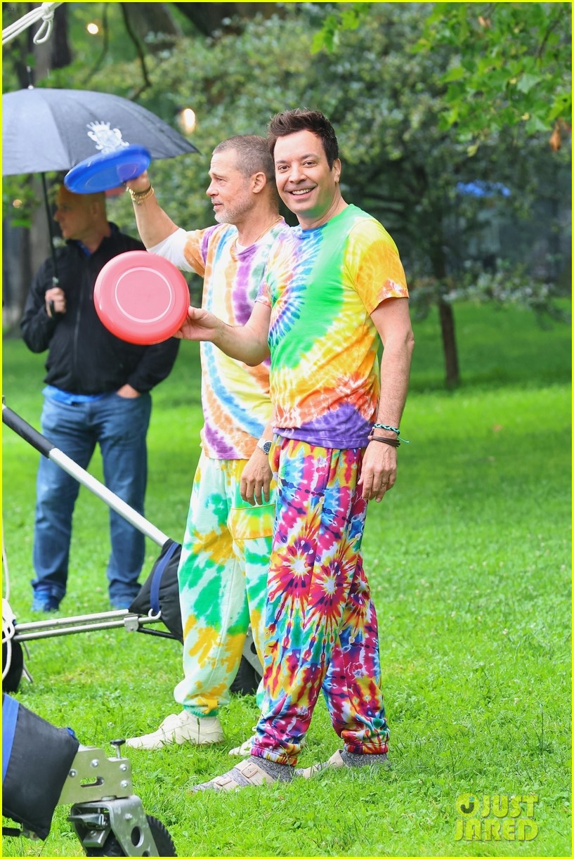 Brad Pitt & Jimmy Fallon Wear Rainbow Tie-Dye Outfits as They Film 'The ...