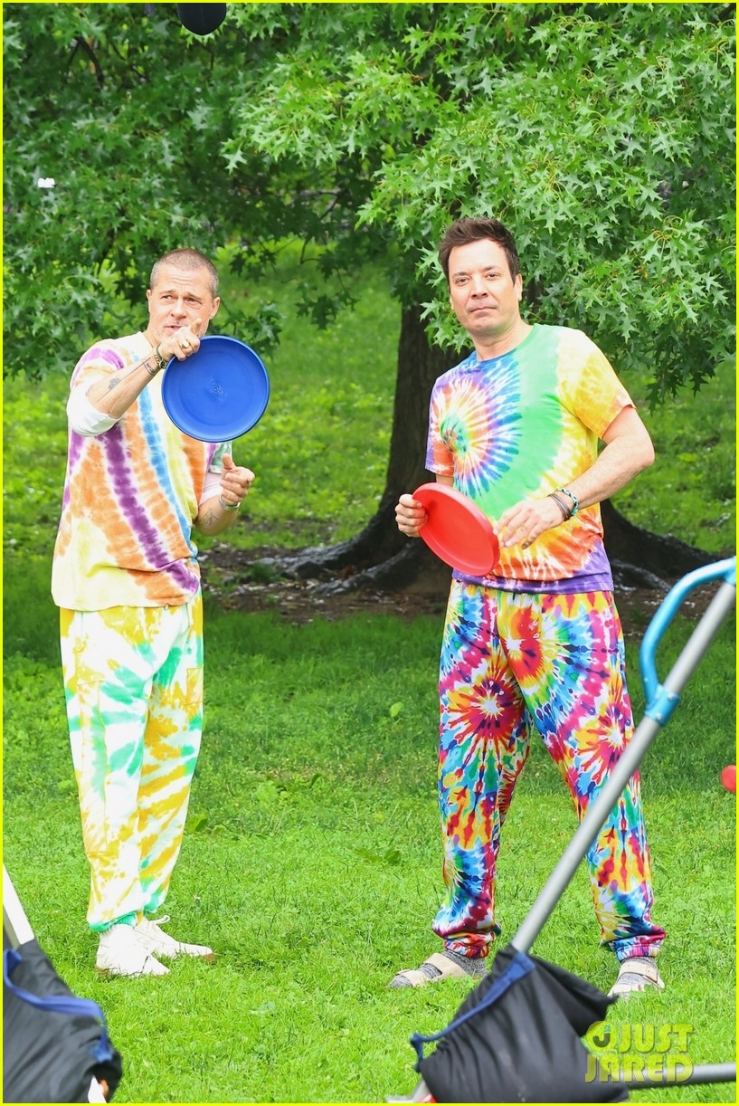 Brad Pitt & Jimmy Fallon Wear Rainbow Tie-Dye Outfits as They Film 'The ...