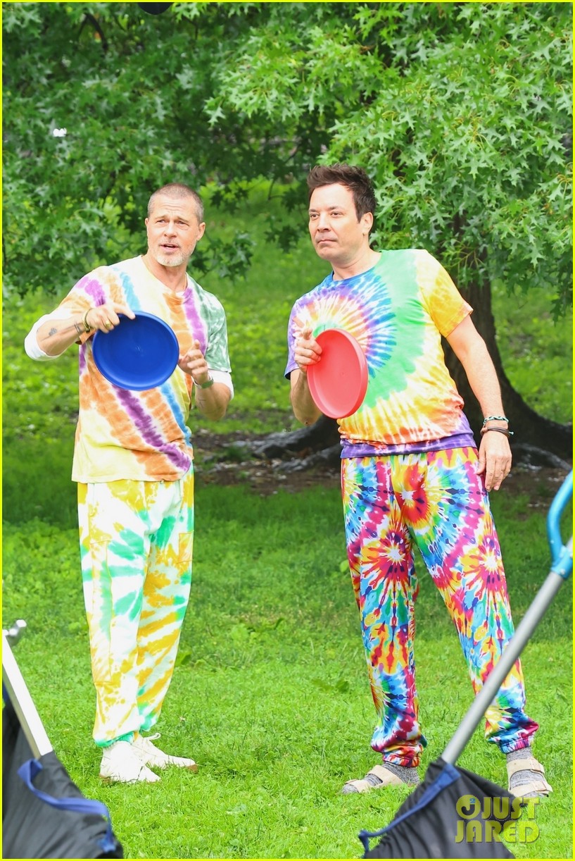Brad Pitt & Jimmy Fallon Wear Rainbow Tie-Dye Outfits as They Film 'The ...