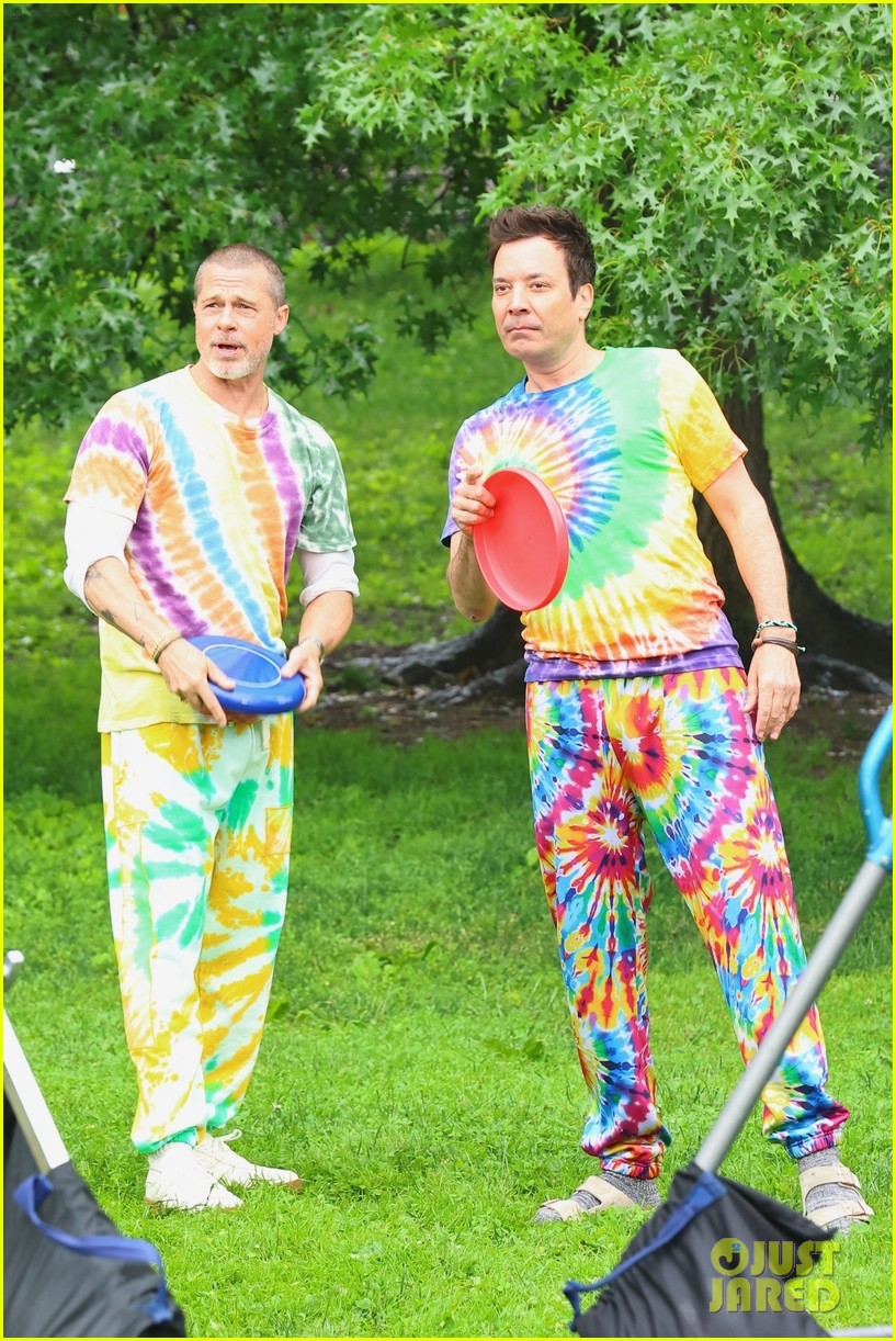 Brad Pitt & Jimmy Fallon Wear Rainbow Tie-Dye Outfits as They Film 'The ...