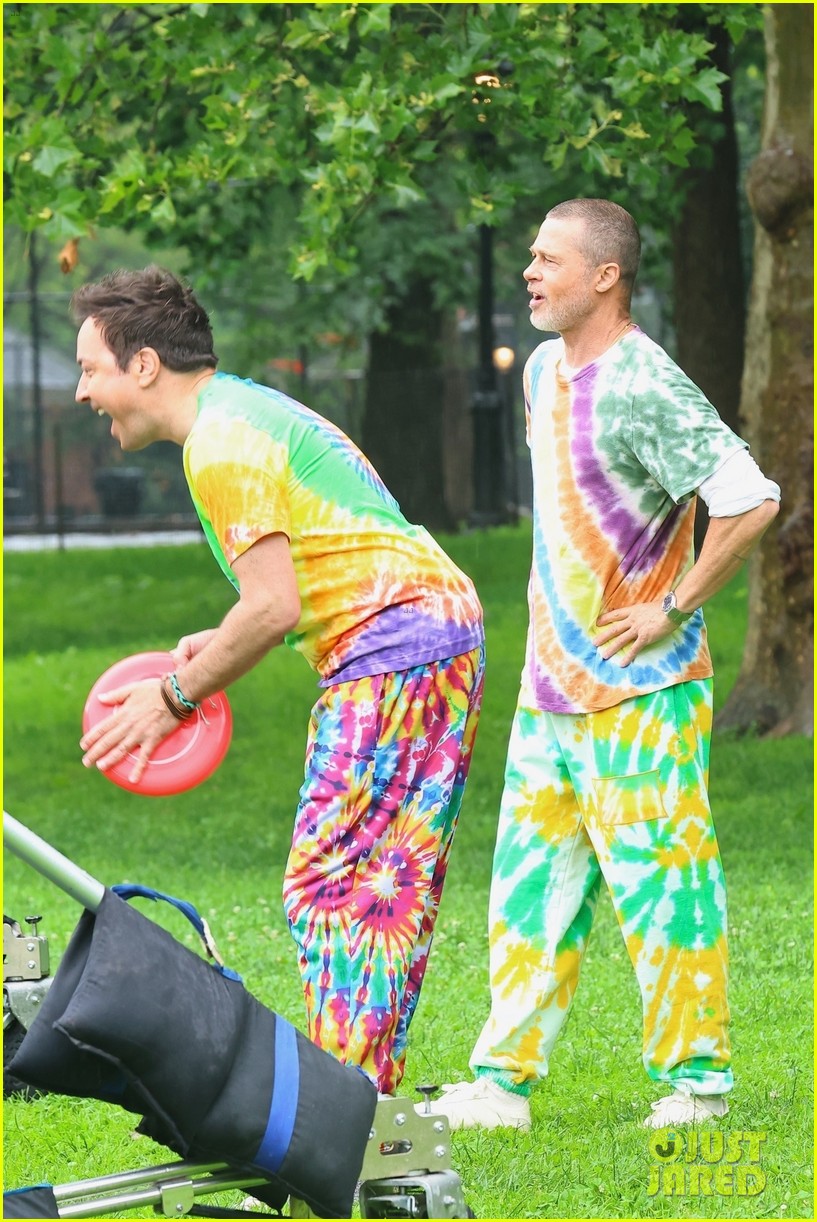 Brad Pitt & Jimmy Fallon Wear Rainbow Tie-Dye Outfits as They Film 'The ...