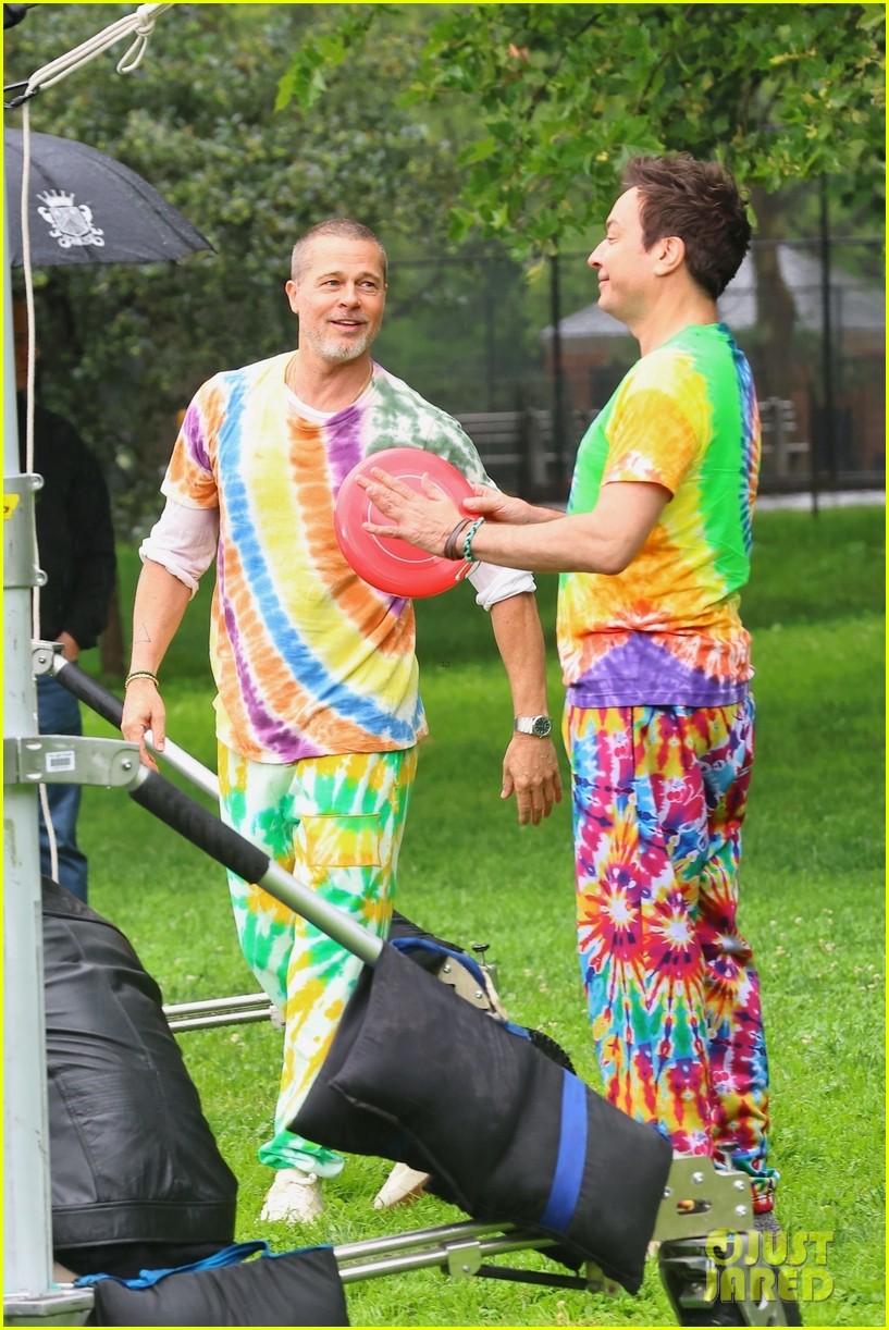 Brad Pitt & Jimmy Fallon Wear Rainbow Tie-Dye Outfits as They Film 'The ...