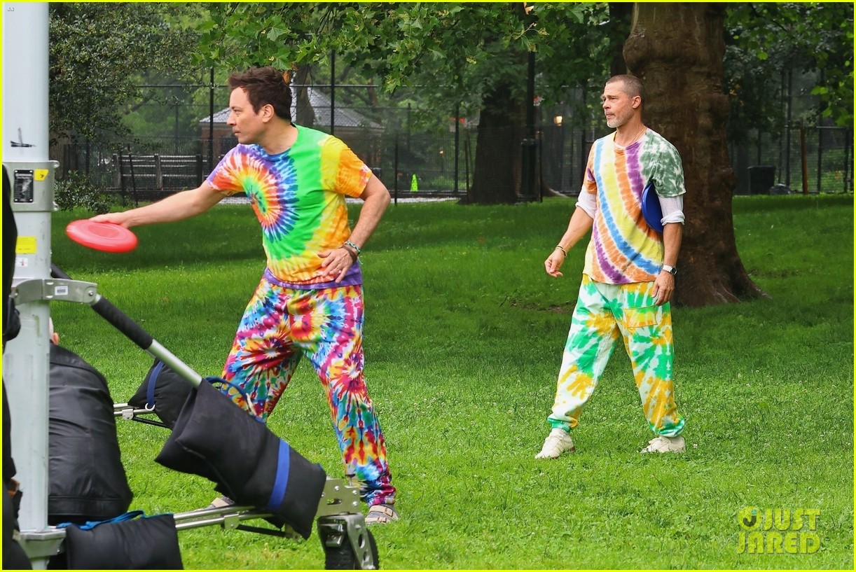 Brad Pitt & Jimmy Fallon Wear Rainbow Tie-Dye Outfits as They Film 'The ...
