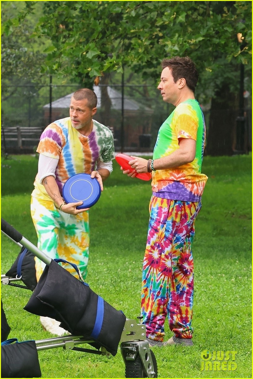 Brad Pitt & Jimmy Fallon Wear Rainbow Tie-Dye Outfits as They Film 'The ...