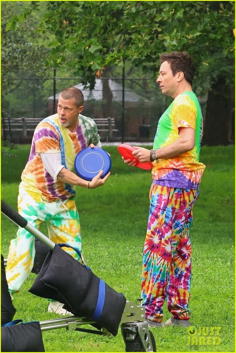 Brad Pitt & Jimmy Fallon Wear Rainbow Tie-Dye Outfits as They Film 'The ...