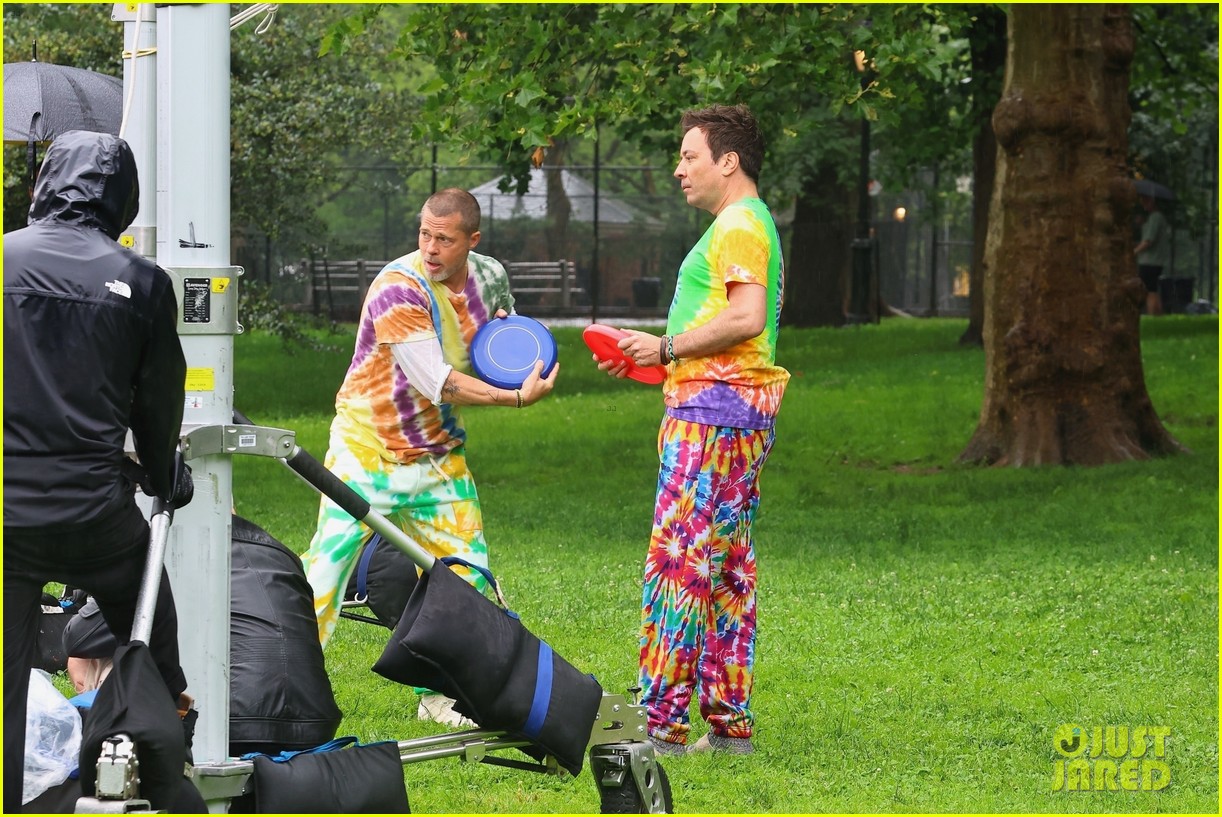 Brad Pitt & Jimmy Fallon Wear Rainbow Tie-Dye Outfits as They Film 'The ...