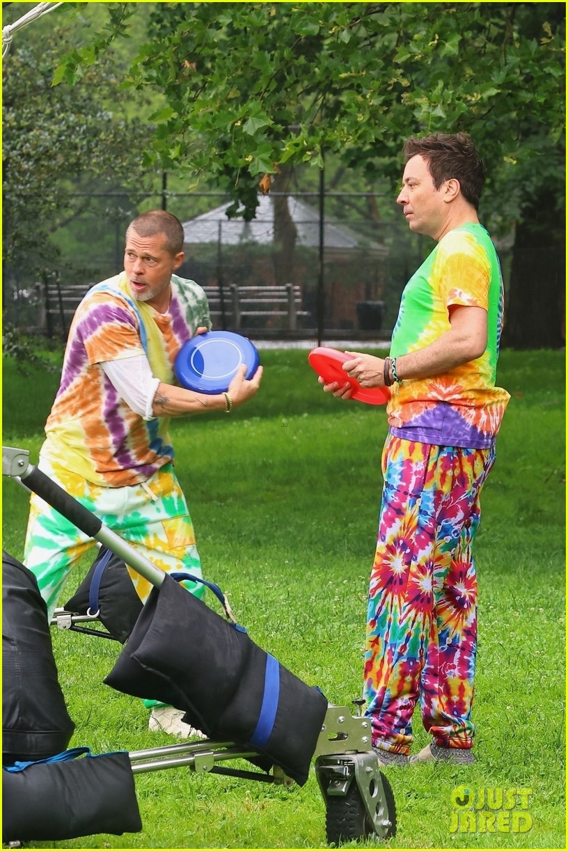 Brad Pitt & Jimmy Fallon Wear Rainbow Tie-Dye Outfits as They Film 'The ...