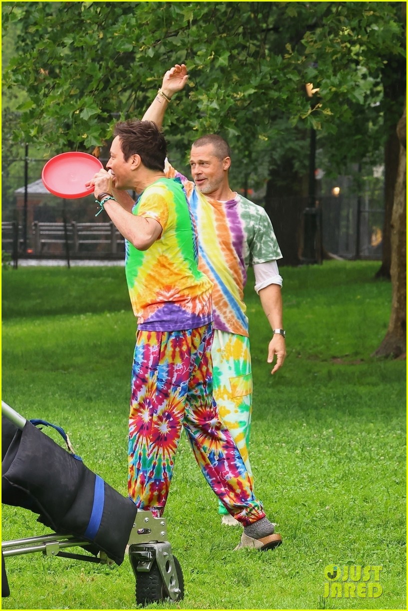 Brad Pitt & Jimmy Fallon Wear Rainbow Tie-Dye Outfits as They Film 'The ...