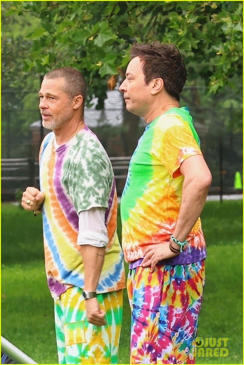 Brad Pitt & Jimmy Fallon Wear Rainbow Tie-Dye Outfits as They Film 'The ...
