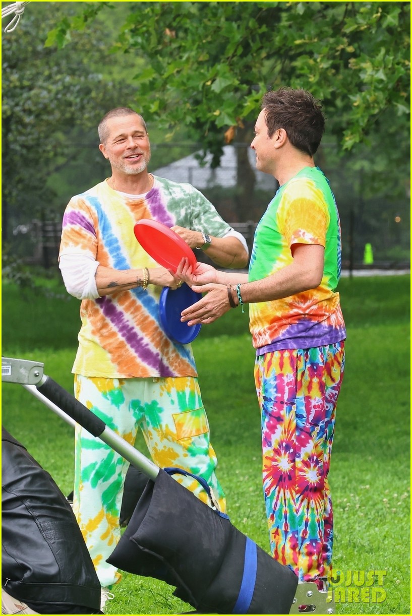 Brad Pitt & Jimmy Fallon Wear Rainbow Tie-Dye Outfits as They Film 'The ...