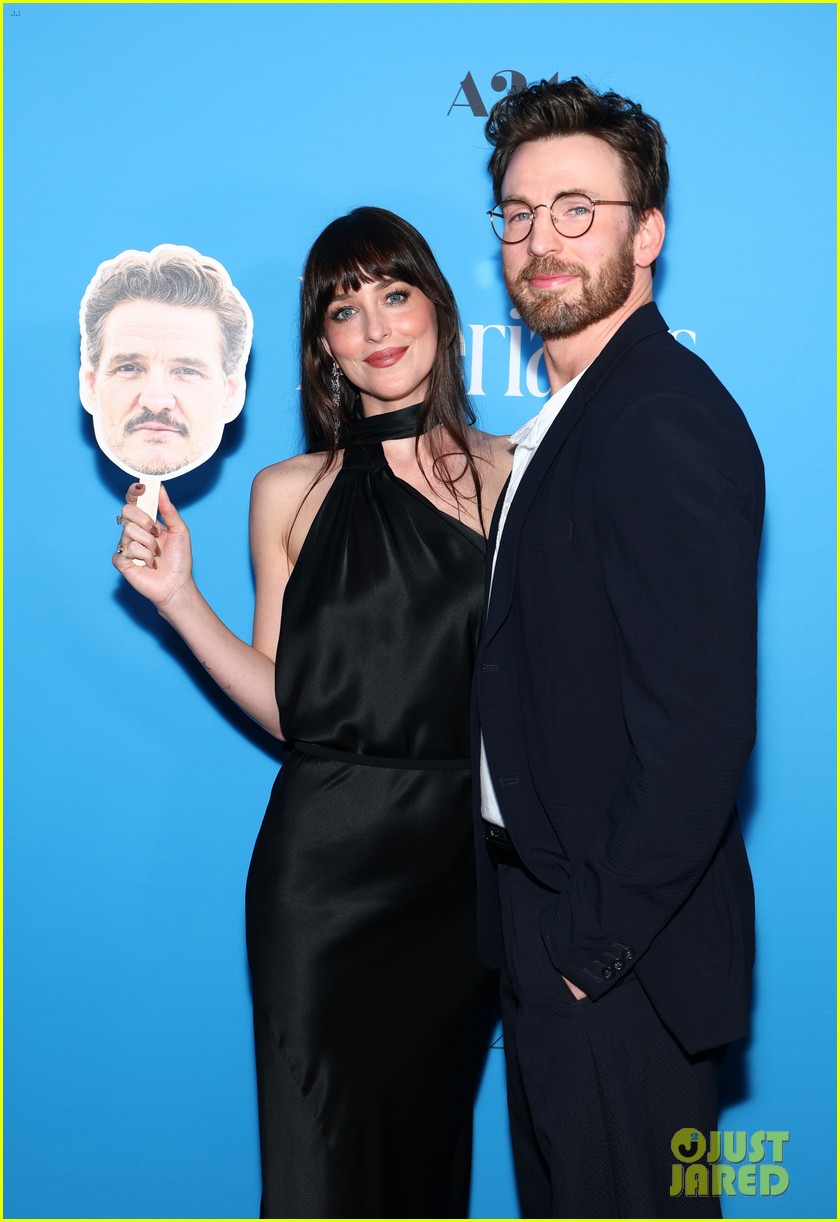 Chris Evans & Dakota Johnson Kiss Pedro Pascal Cutout at 'Materialists' Premiere In NYC: Photo ...