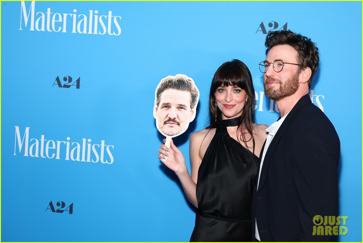 Chris Evans & Dakota Johnson Kiss Pedro Pascal Cutout at 'Materialists' Premiere In NYC: Photo ...