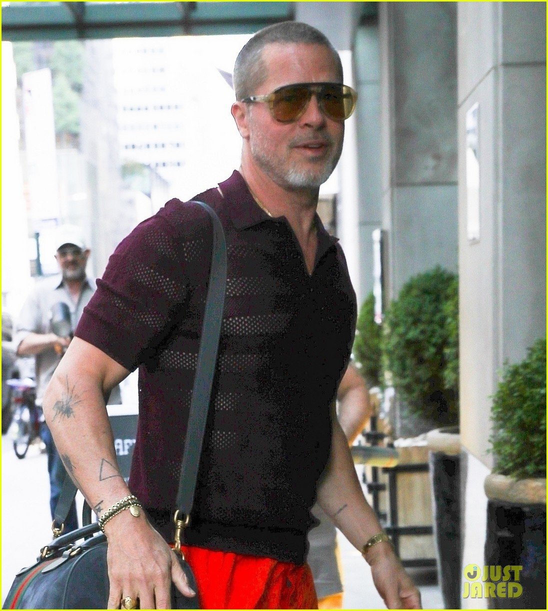 Brad Pitt Wears Sheer Shirt & Neon Red Pants While Arriving in NYC ...