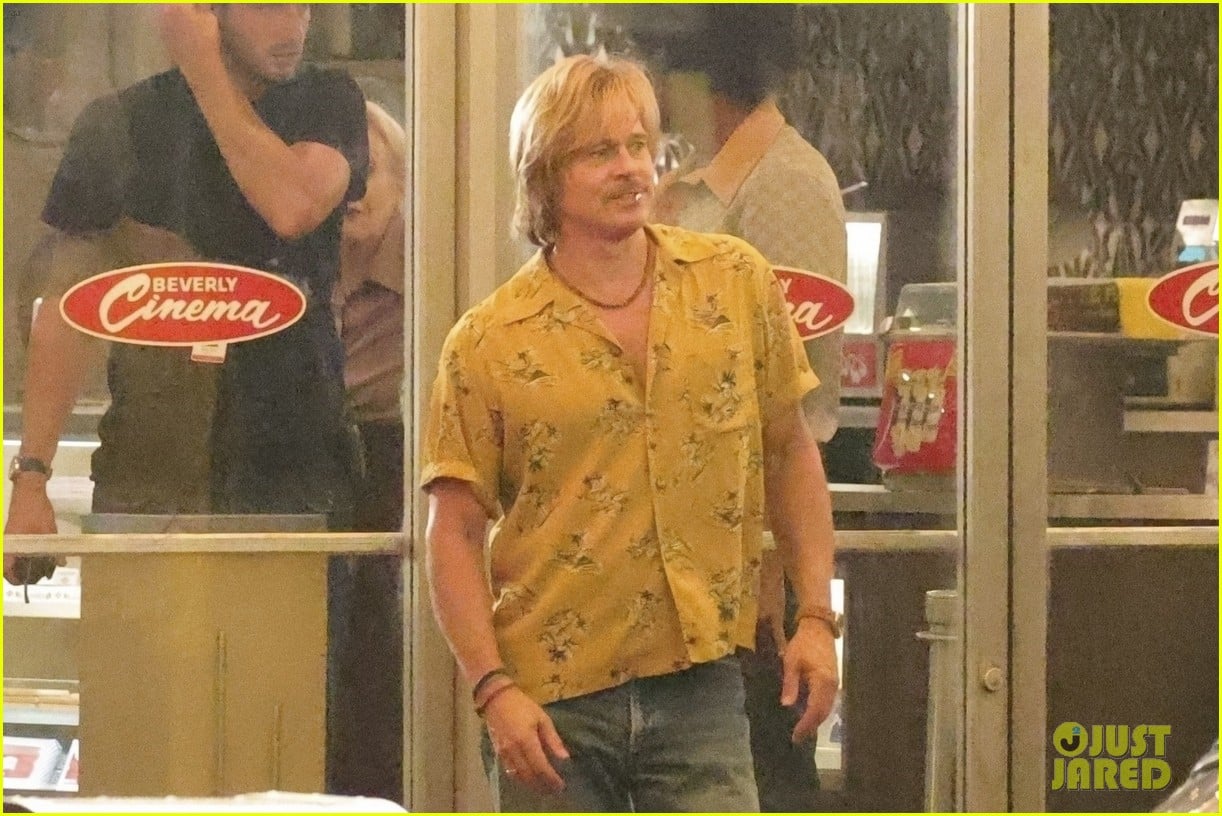 Brad Pitt Wears His Cliff Booth Wig & Costume While Filming at Vintage Movie Theater for 'Once ...