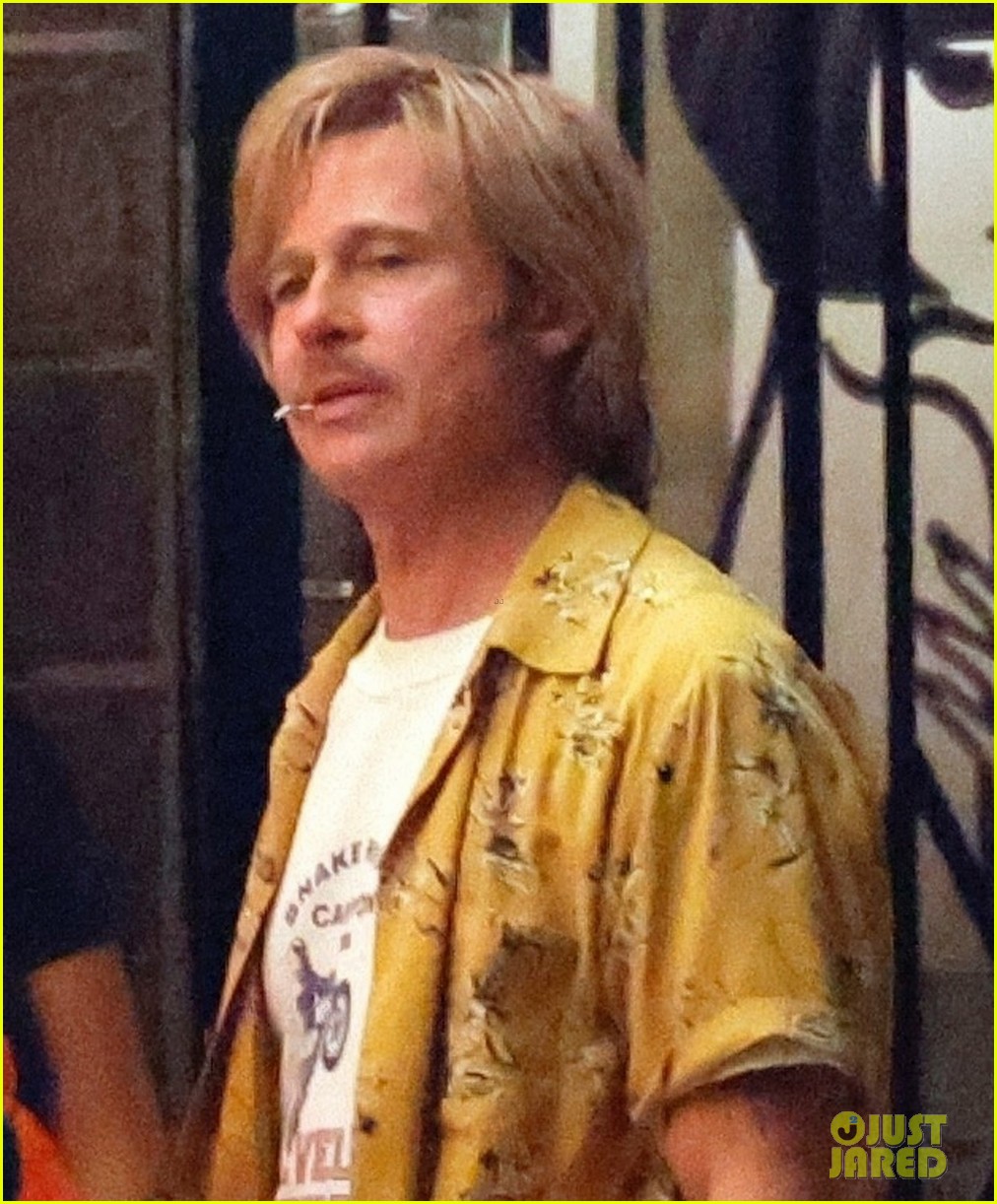 Brad Pitt Wears His Cliff Booth Wig & Costume While Filming at Vintage Movie Theater for 'Once ...