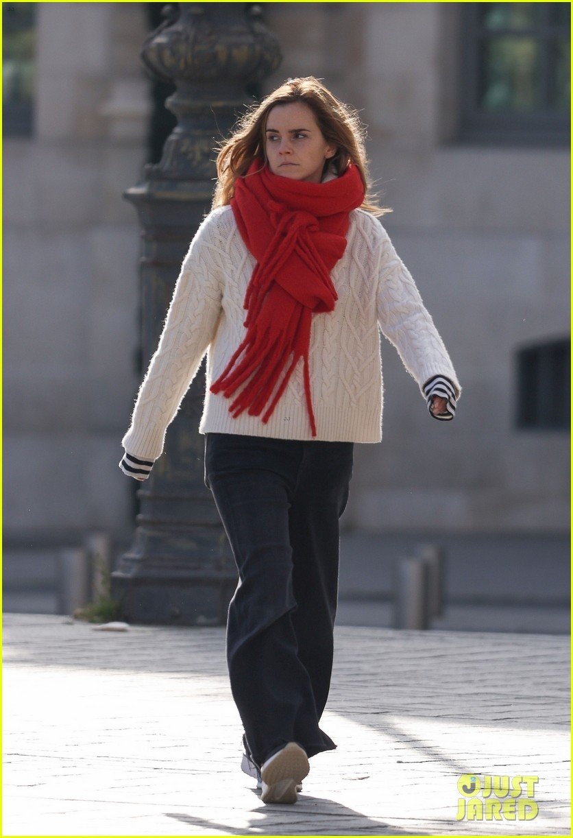 Emma Watson Looks Chic in Bright Red Scarf While Enjoying a Parisian ...