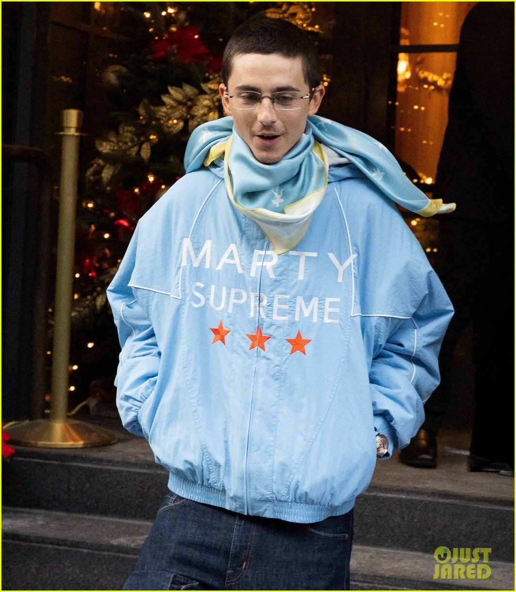 Timothee Chalamet Wears Light Blue 'Marty Supreme' Jacket with Matching ...