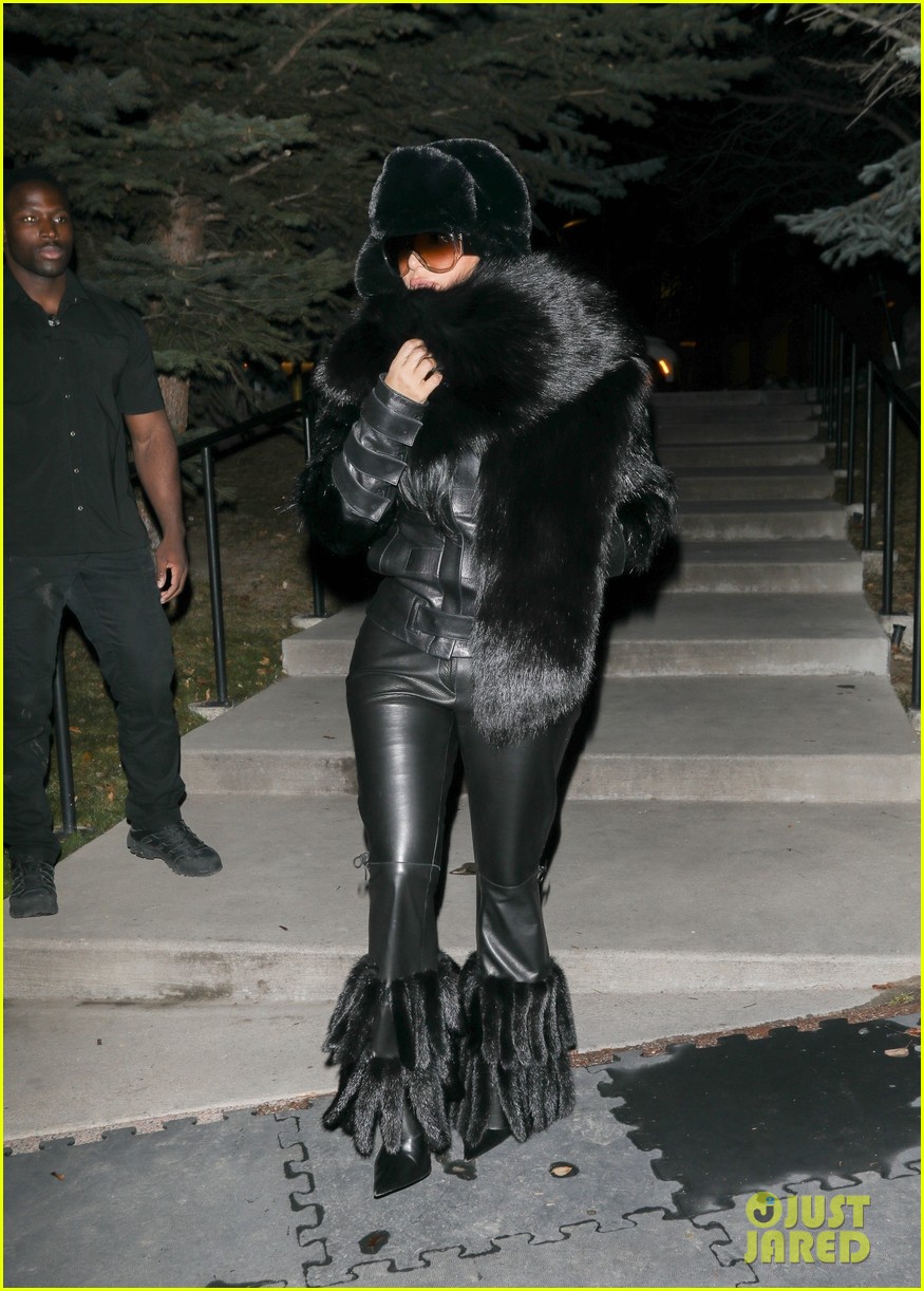 Kim Kardashian Pairs Fur Hat with Leather Outfit for Night Out in Aspen ...