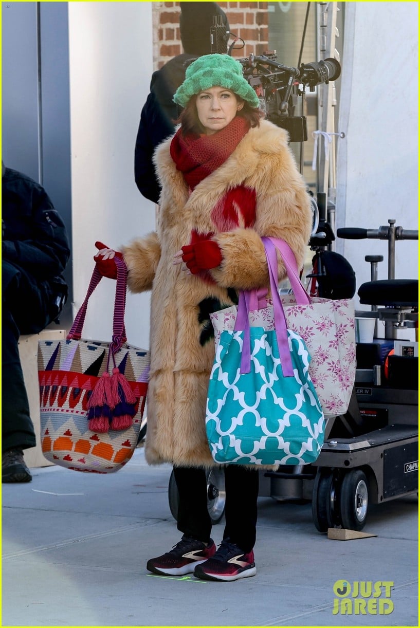 Carrie Preston Pairs Fur Coat with Green Bucket Hat as She Films ...