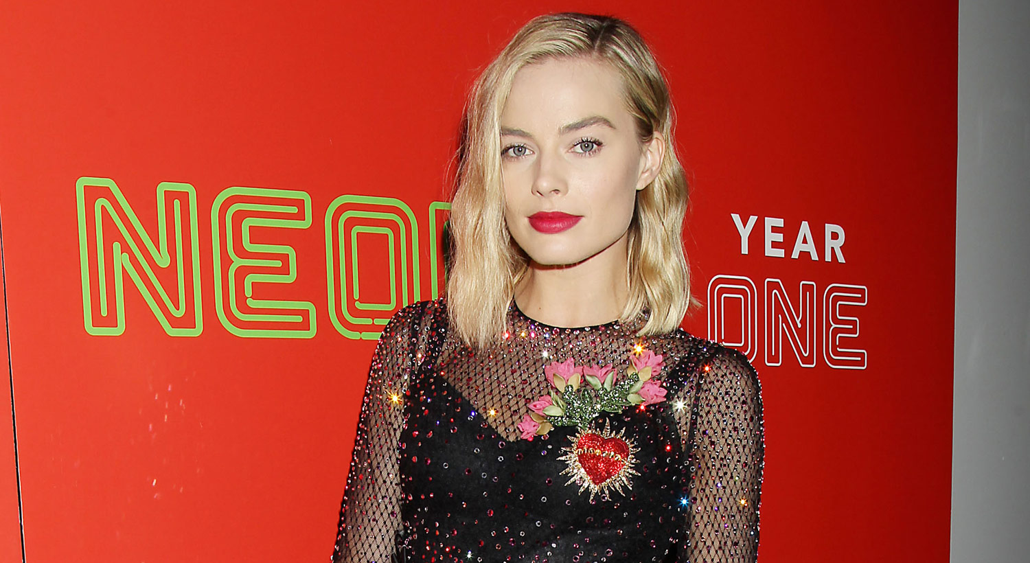 Margot Robbie Wears Sheer & Bejeweled Dress to Neon Holiday Party ...